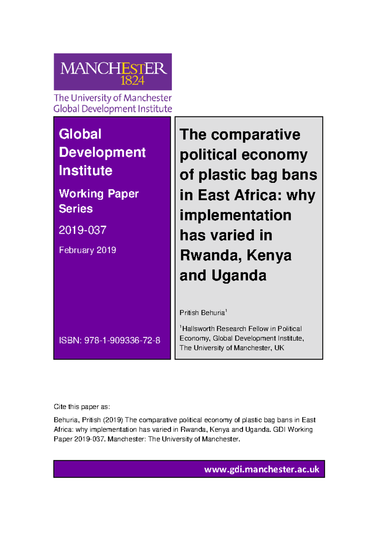 GDI Working Paper 2019-037: Political Economy of Plastic Bag Bans in ...