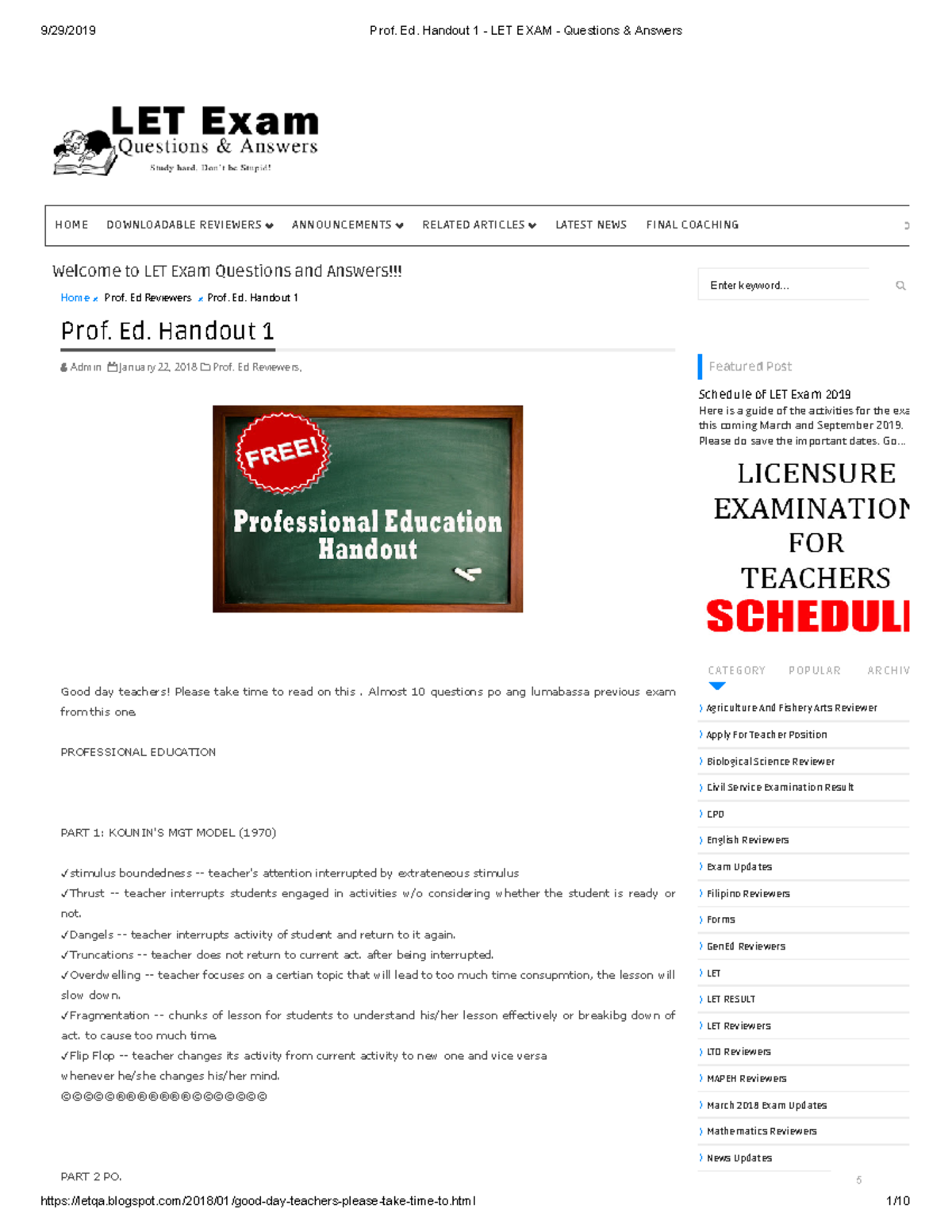 Prof. Ed. Handout - Welcome to LET Exam Questions and Answers!!! Home ...