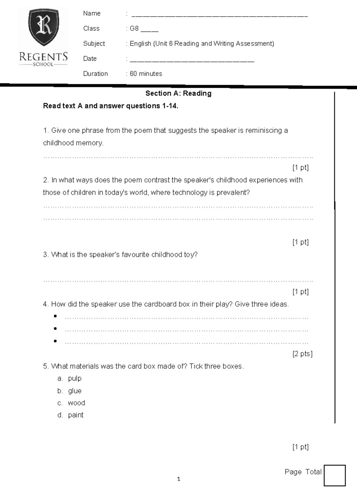 G8 English Unit 6 Reading & Writing Assessment Guide - Studocu
