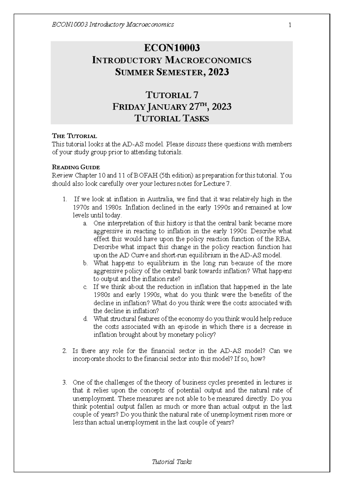 Tutorial tasks 7 - ECON10003 Introductory Macroeconomics Tutorial Tasks 1 ECON INTRODUCTORY ...