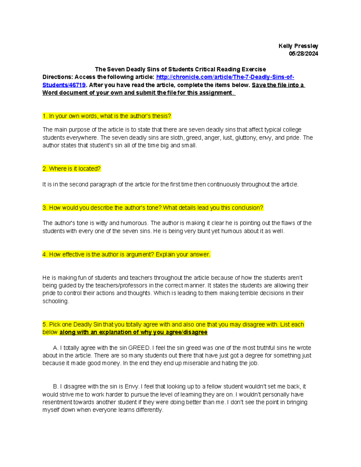 The Seven Deadly Sins of Students: Critical Reading COL 103 Assignment ...