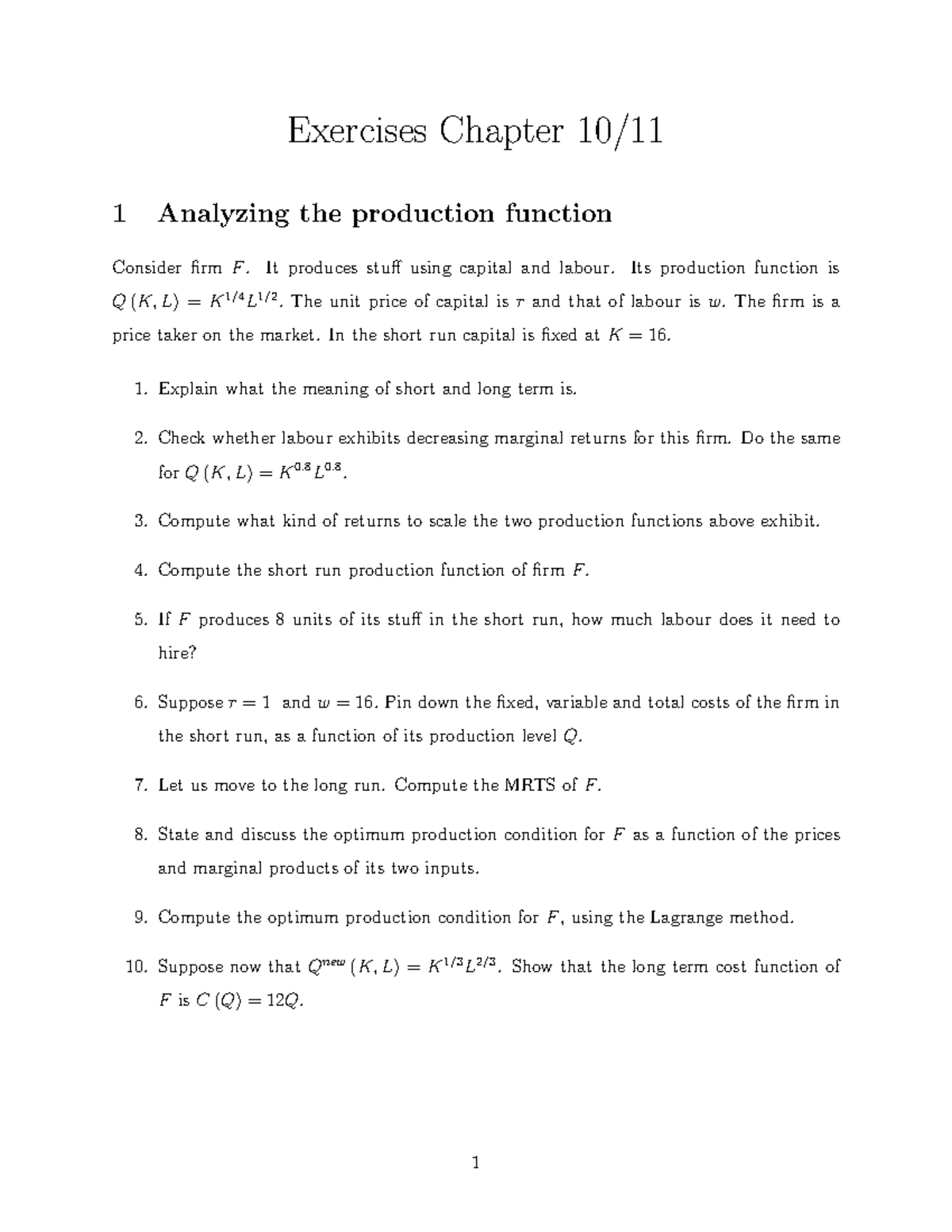 Tutorial chapters 10 and 11 - Microeconomics - EUR - Studeersnel