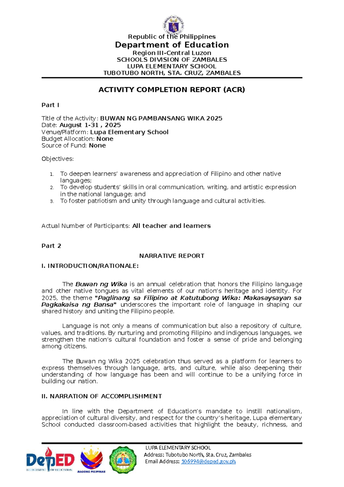 ACR: Buwan ng Wika 2025 - Lupa Elementary School Activities - Studocu