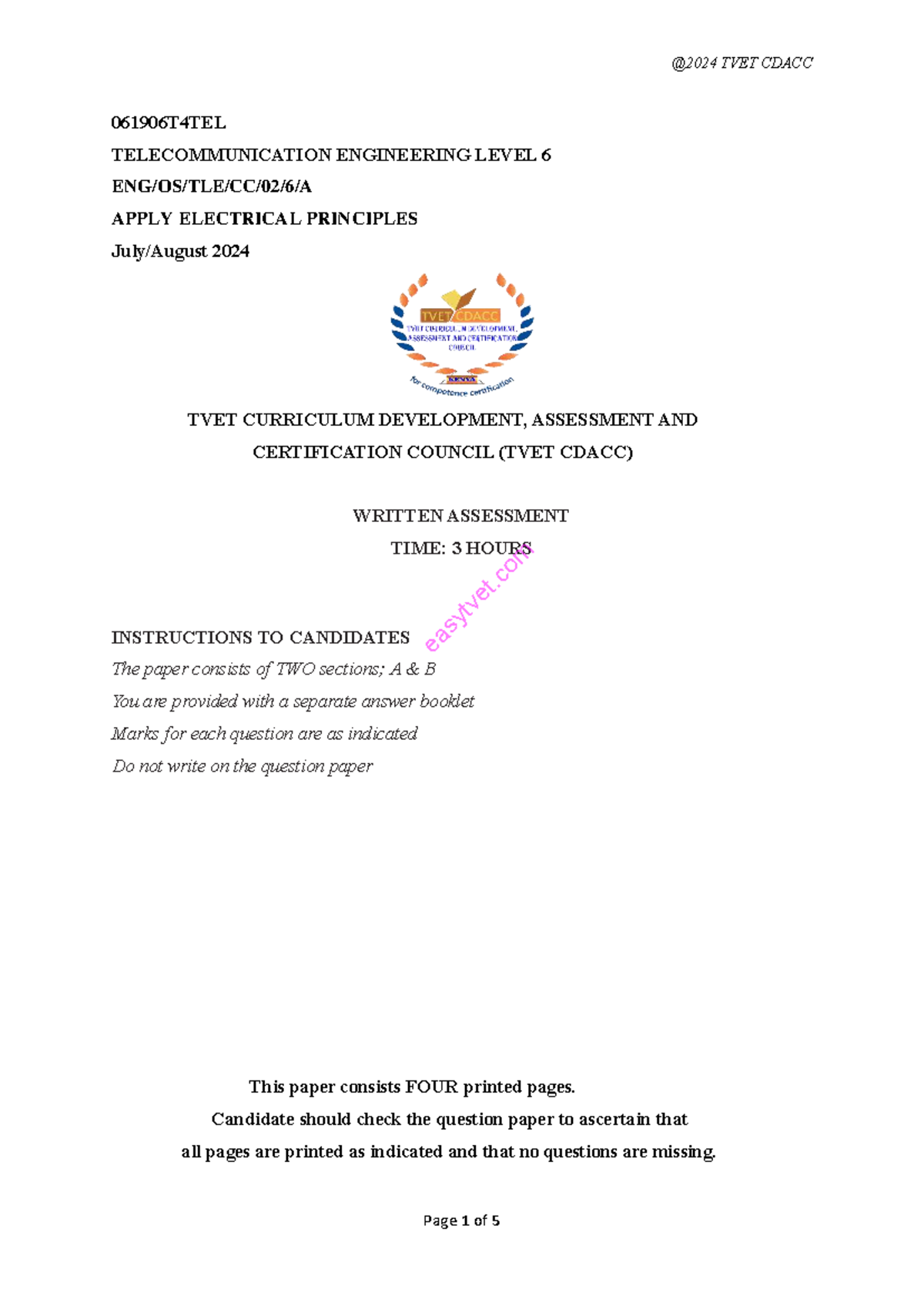 TVET CDACC 061906T4TEL Telecommunication Engineering Level 6 Exam 2024 ...