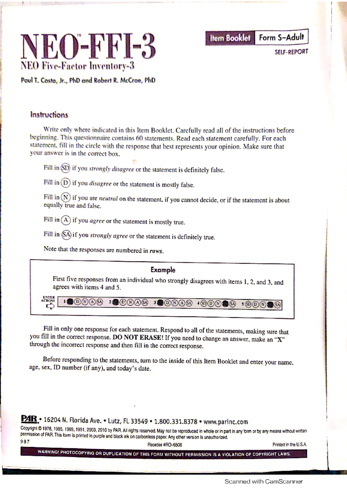 Neo ffi response sheet scoring sheet - 22528 - Studocu