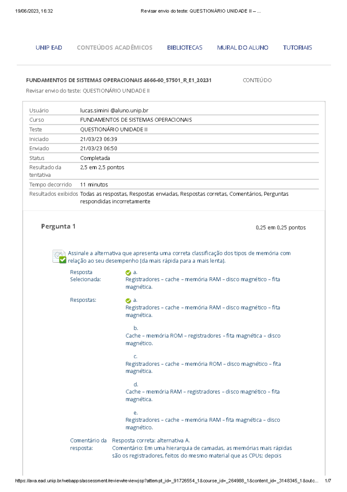 Fundamentos de Sistemas Operacionais - Questionário 2 - Revisar envio ...