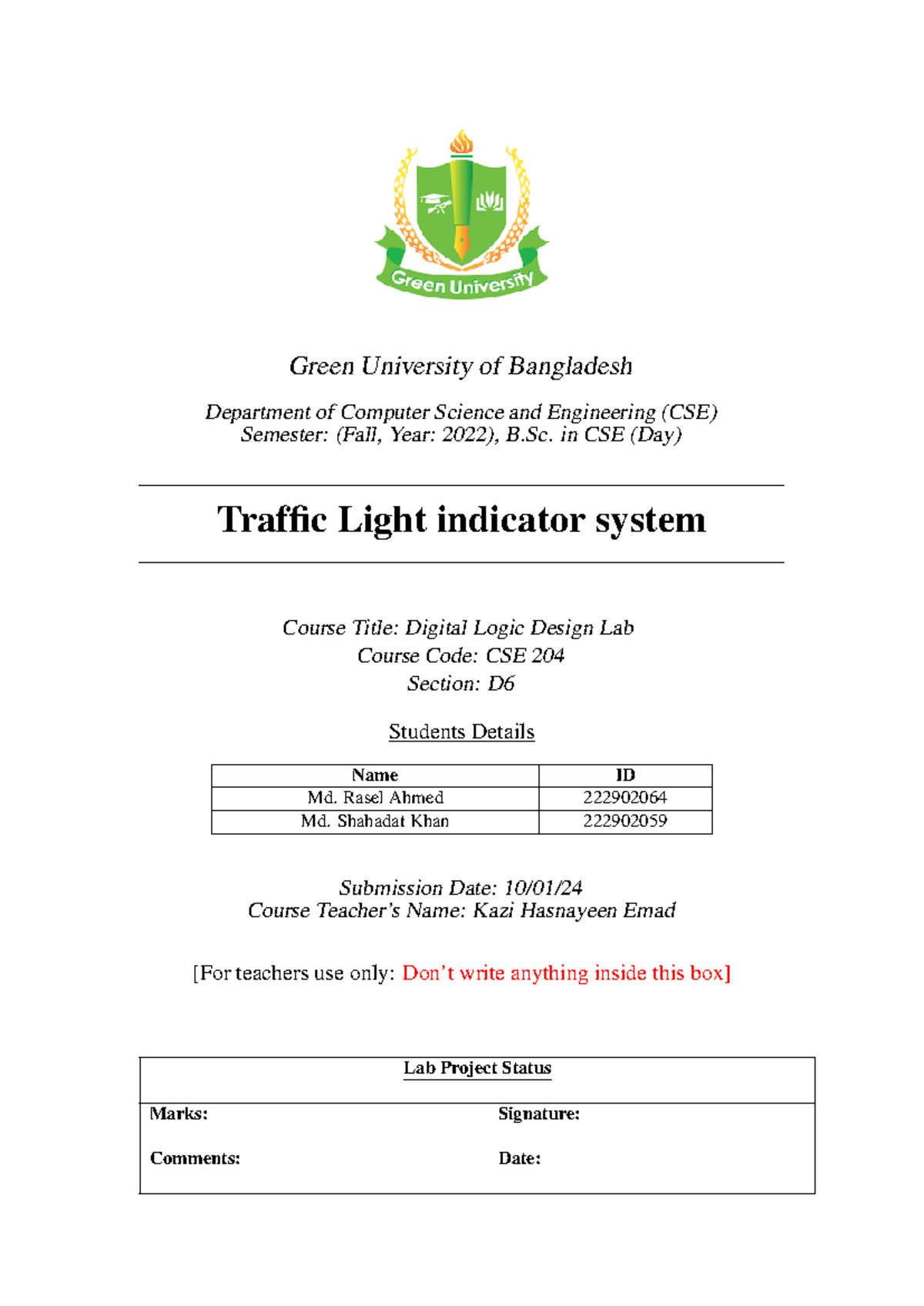 CSE 204 Final Project: Traffic Light Indicator System Design - Studocu