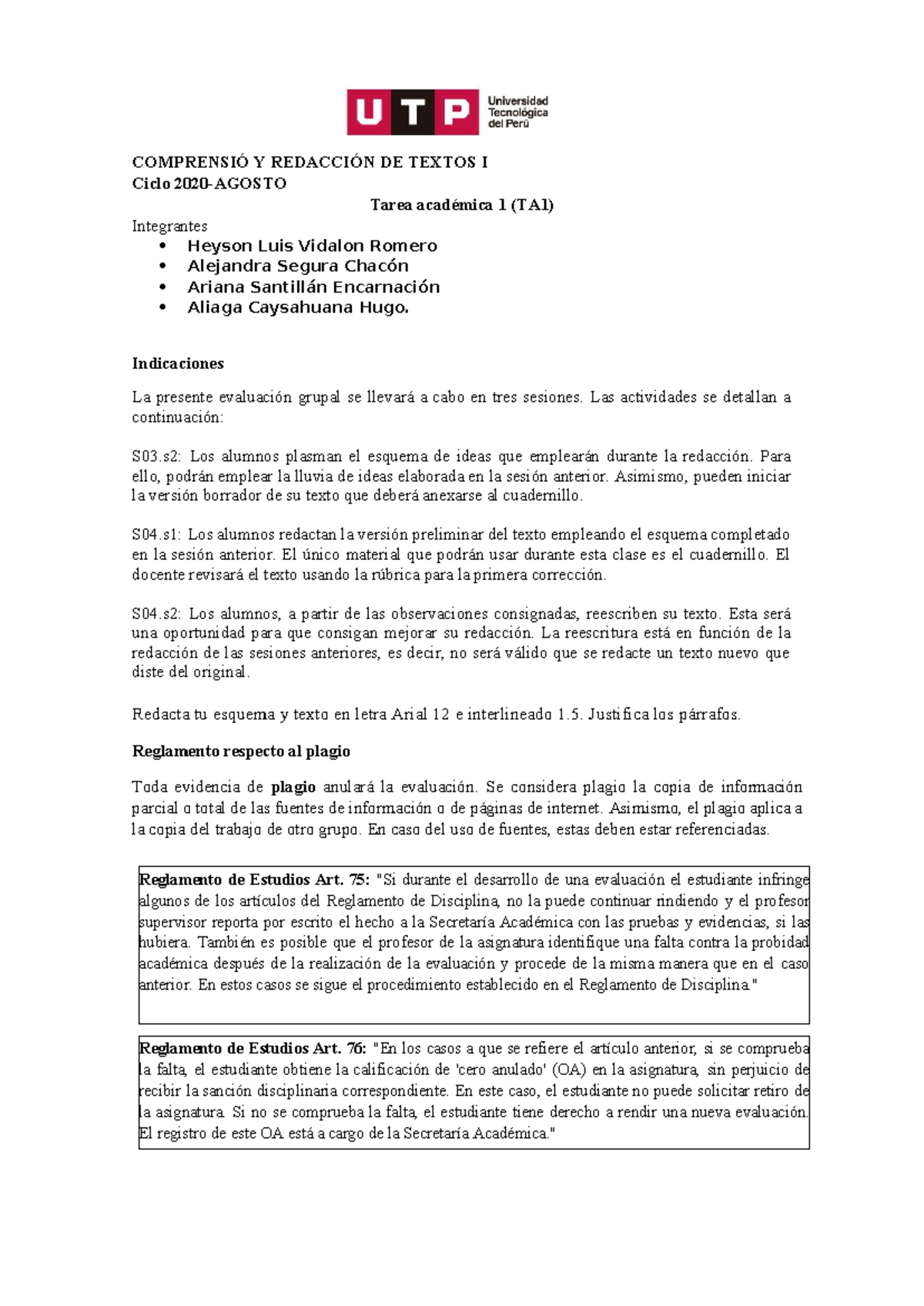 COMPRENSIÓN Y REDACCIÓN DE TEXTOS I TA1: Evaluación Grupal sobre ...