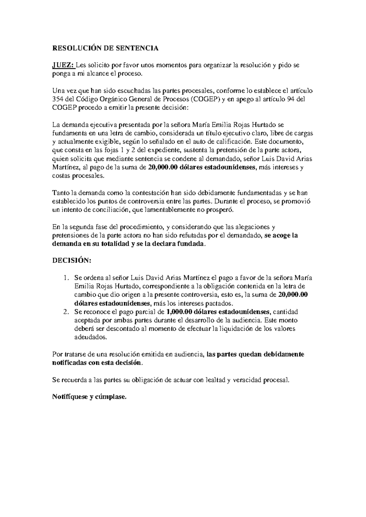 Resolución Oral de Audiencia - COGEP y Decisión Judicial - Studocu