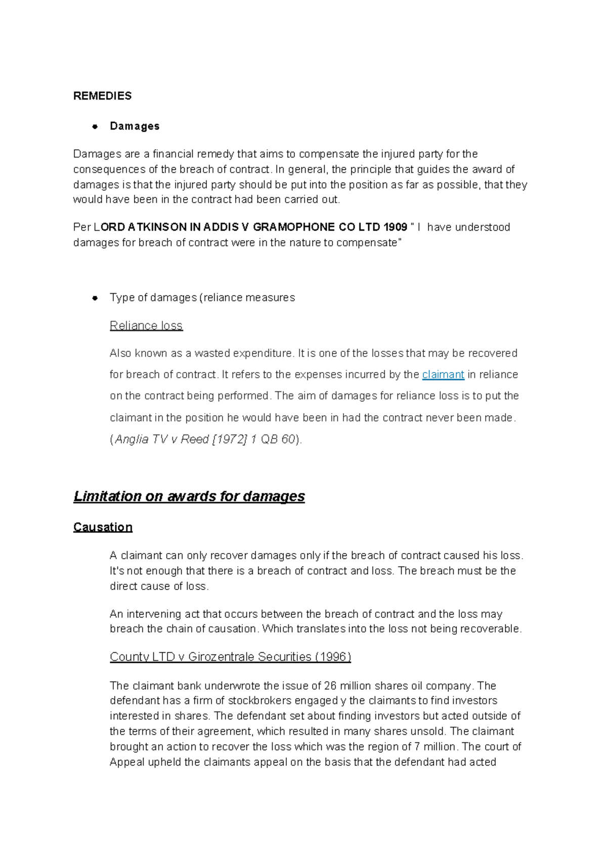 Contract law revision - Just some notes and key case - REMEDIES Damages ...
