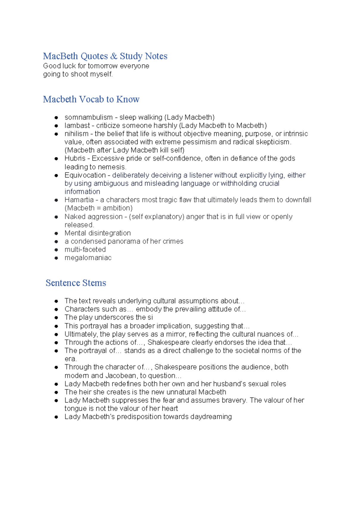 MacBeth Quotes & Study Notes for QCAA English Unit 4 Analysis - Studocu