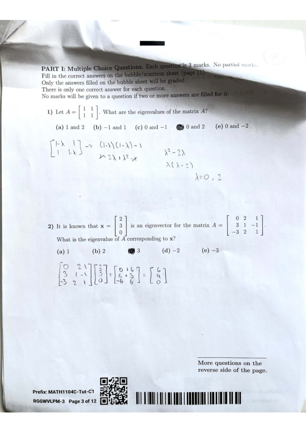 Math 1104 Test 4: MCQs & Long Answer Questions in Linear Algebra - Studocu