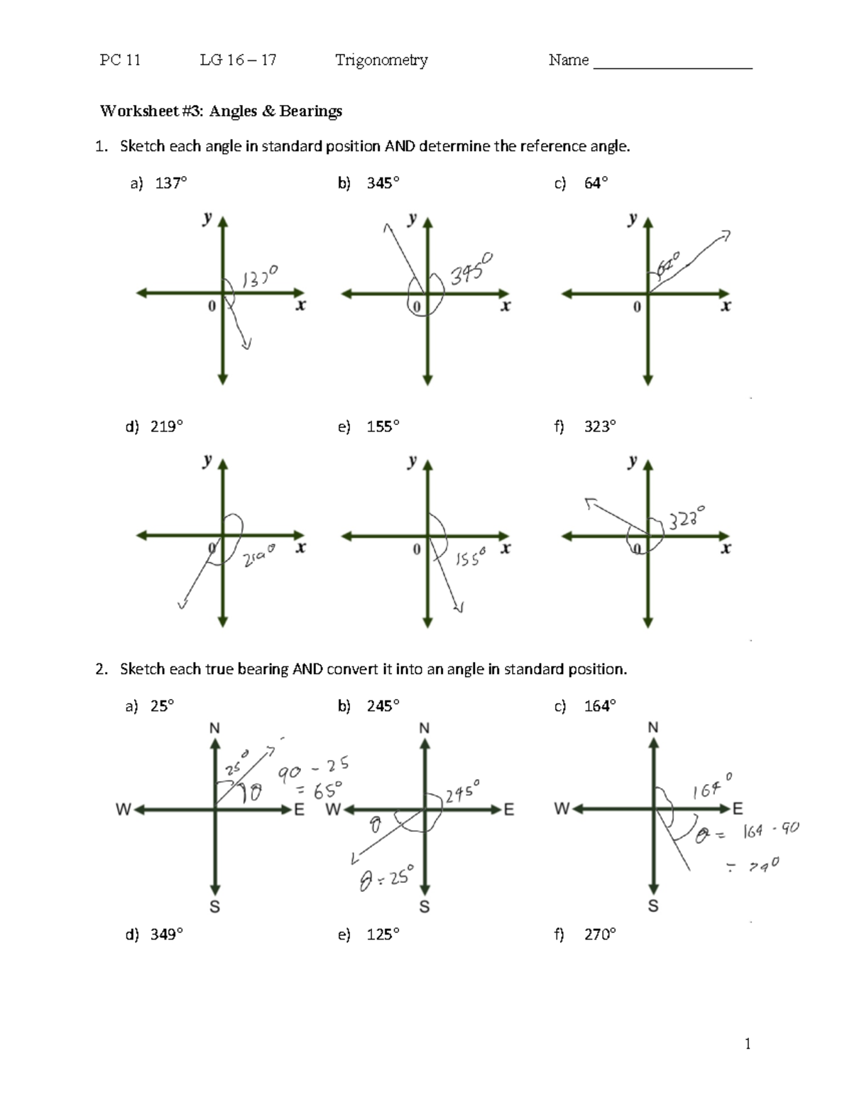WS3. Bearing Worksheet - Worksheet #3: Angles & Bearings Sketch each ...