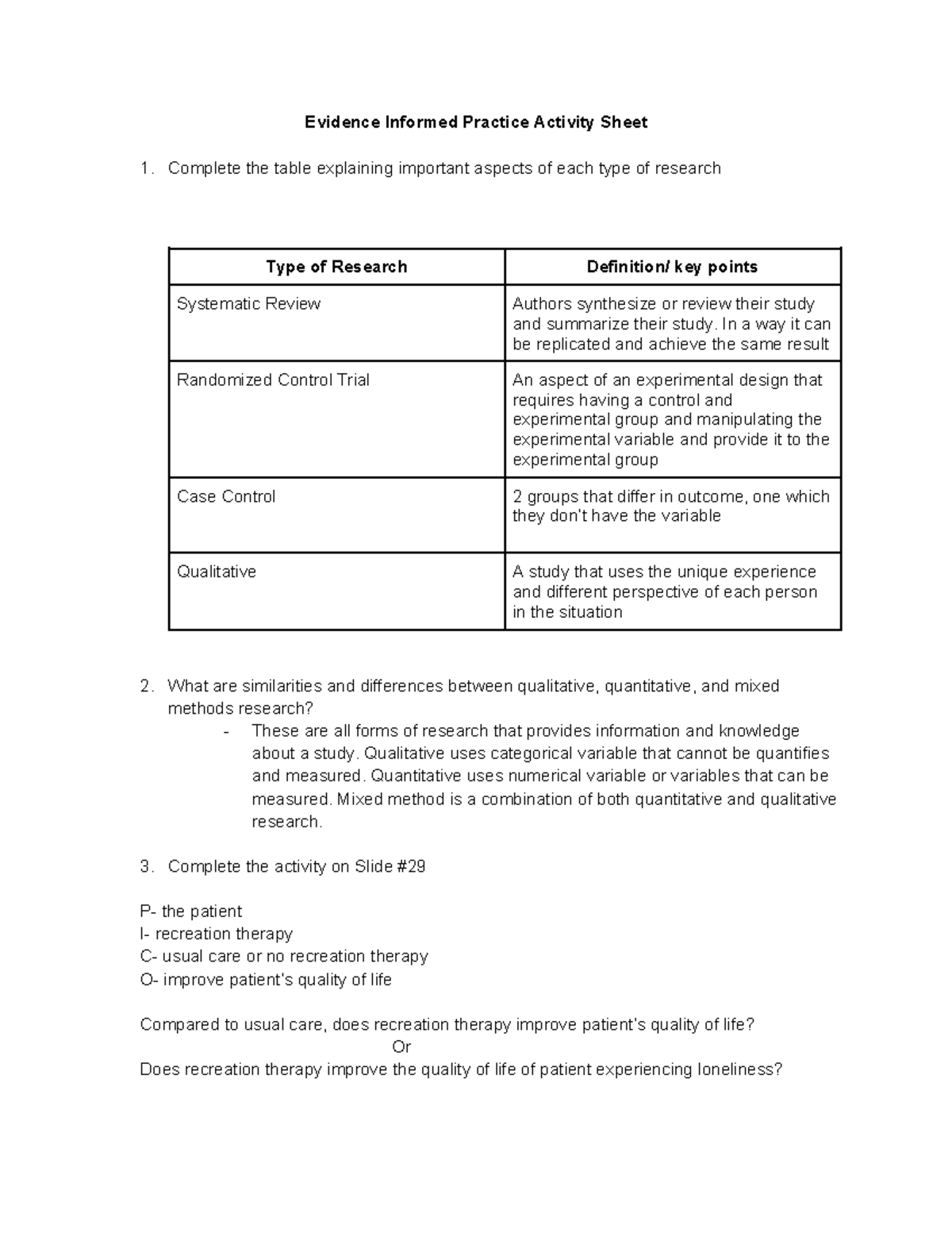 Evidence Informed Practice Activity Sheet: Key Research Types Explained ...