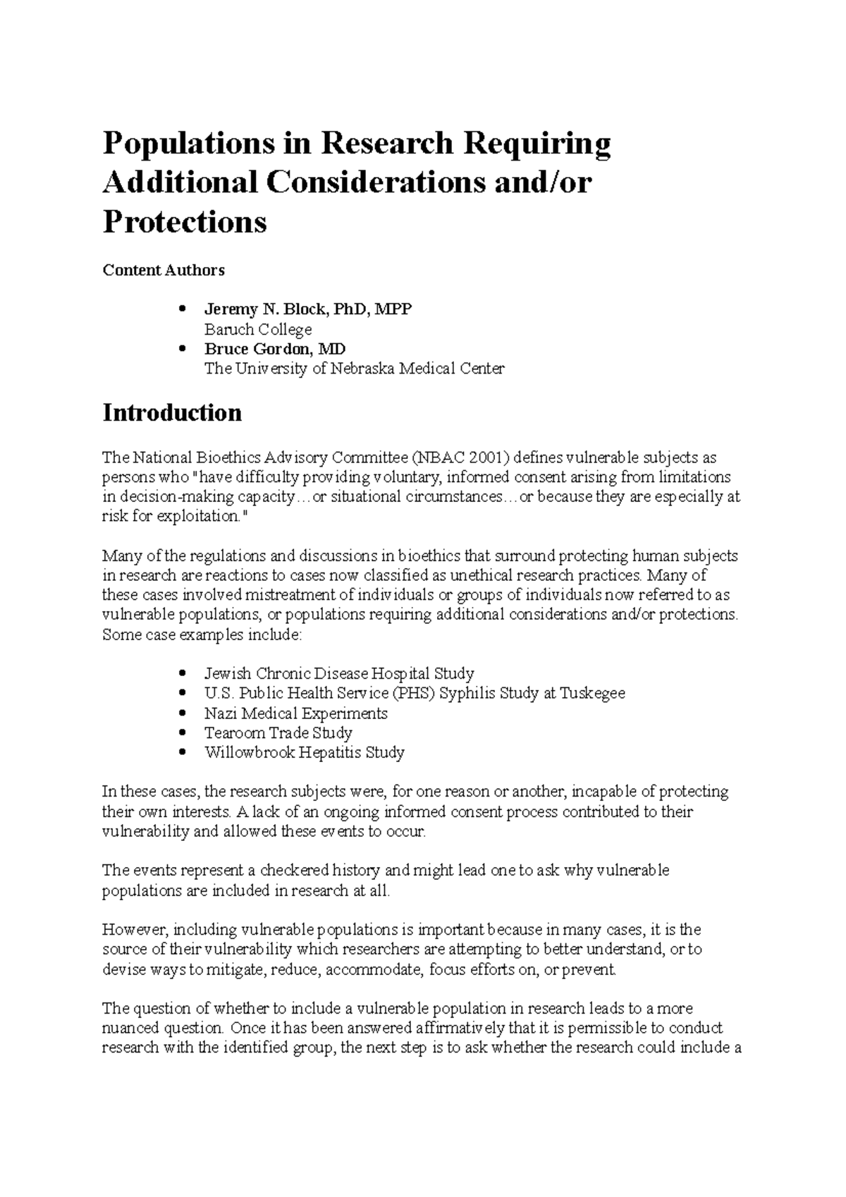 Ethics in Research: Considerations for Vulnerable Populations and ...