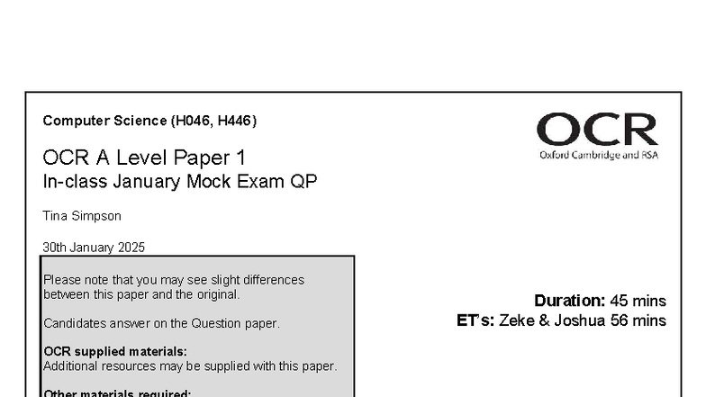 Computer Science (H046, H446) OCR A Level Mock Exam QP - January 2025 - Studocu