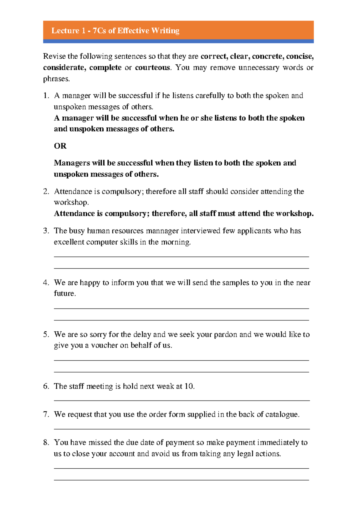 Lecture 1 - Worksheet - Practices - Revise the following sentences so ...