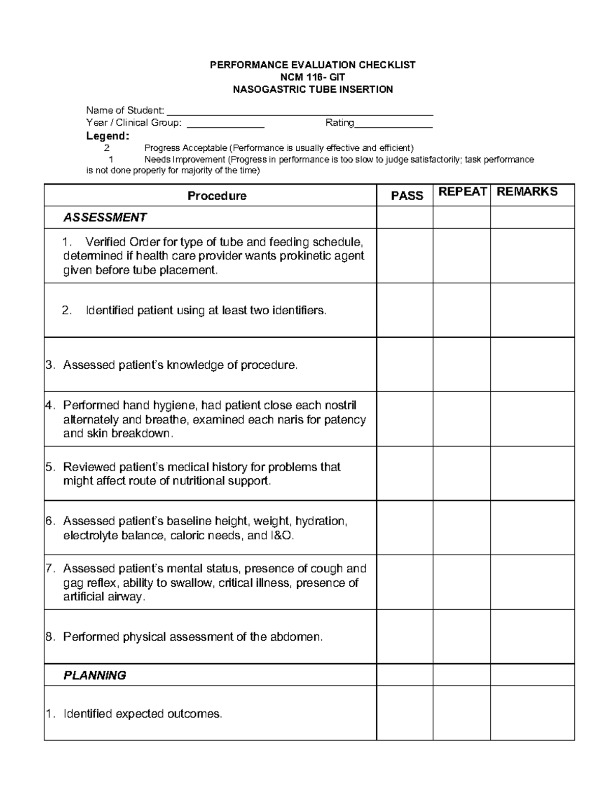 01A NGT Procedure - con - PERFORMANCE EVALUATION CHECKLIST NCM 116- GIT ...
