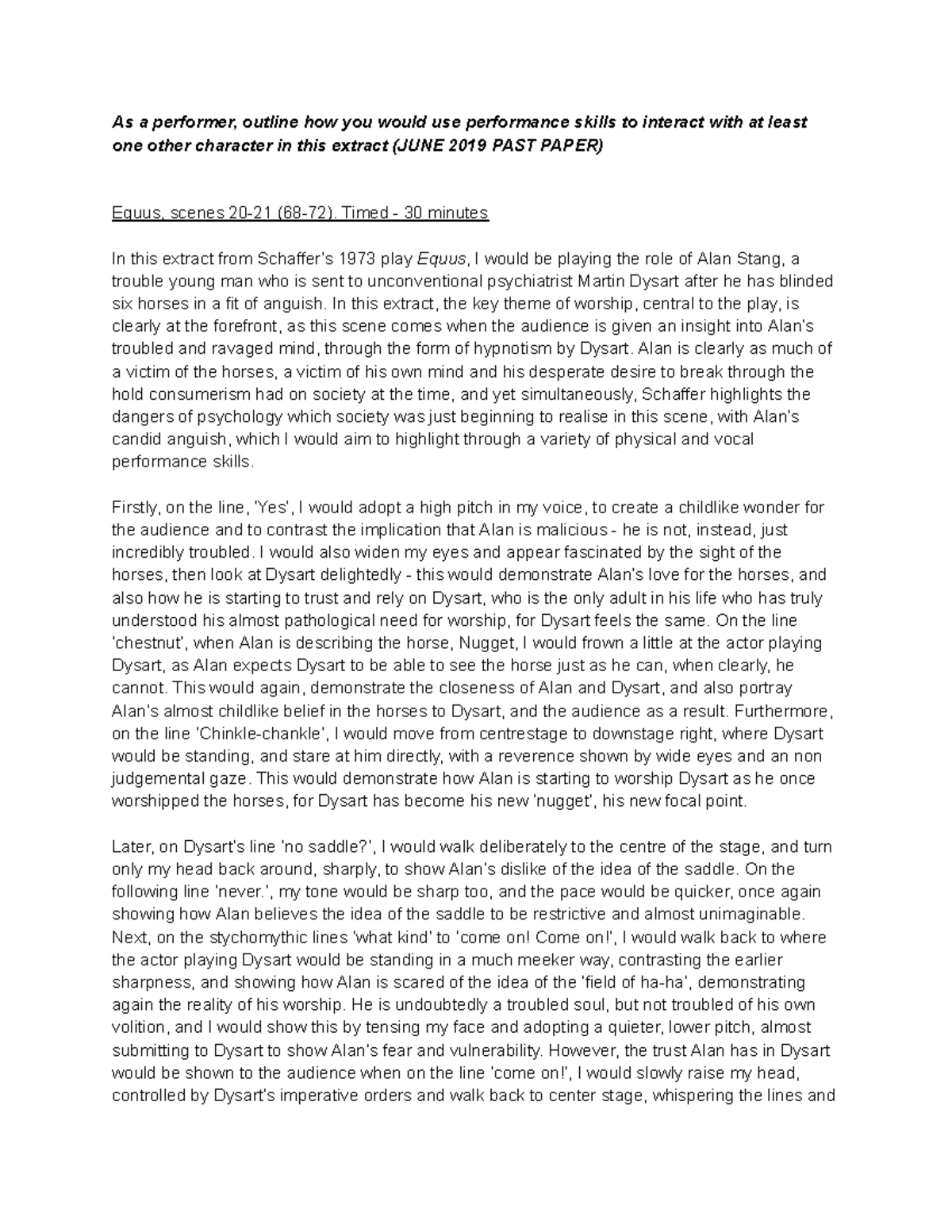 Equus Essay Performance Analysis (Scenes 20-21) - May 2019 - Studocu