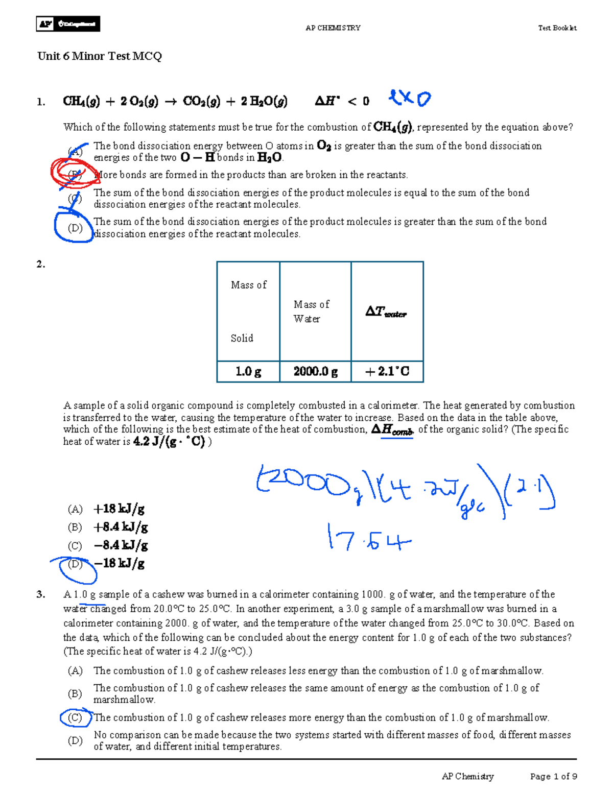 AP CHEMISTRY Unit 6 Minor Test MCQ Review and Solutions - Studocu