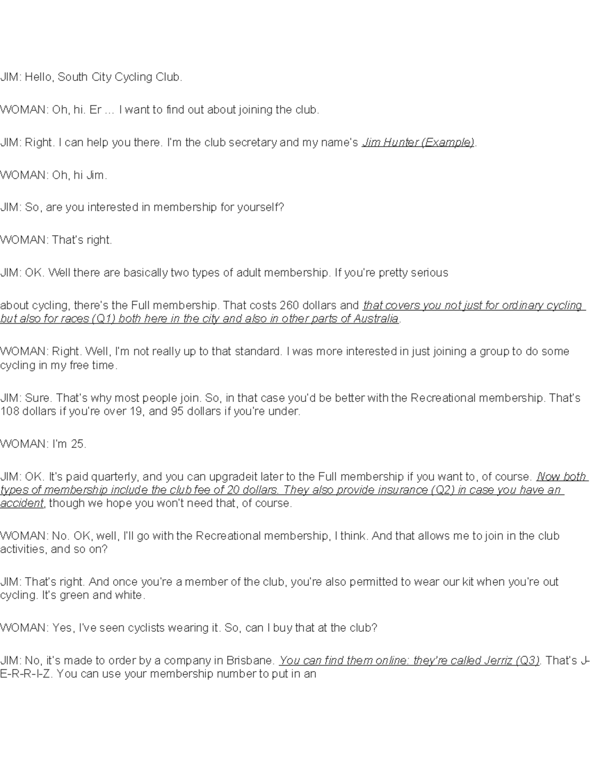 South City Cycling Club Membership Info - Listening Script - Studocu