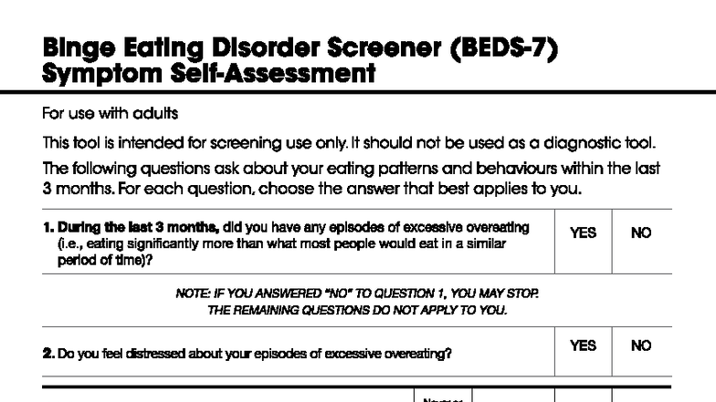 Binge Eating Disorder Screener for Adults: Self-Assessment Tool - Studocu