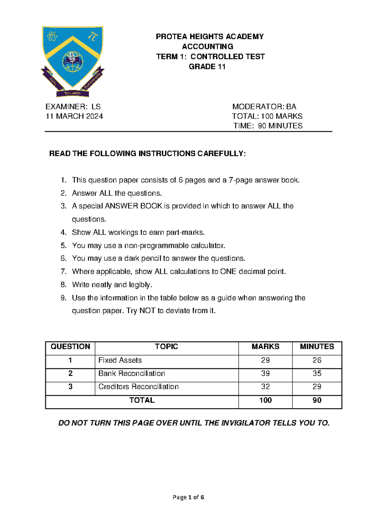 Gr. 11 Accounting T1 Controlled Test - March 2024 - Studocu
