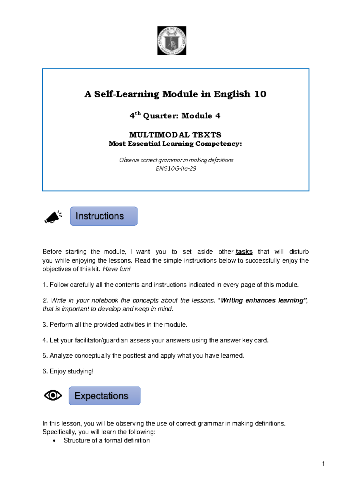 English 10 Q4 W4: Self-Learning Module on Multimodal Texts and ...