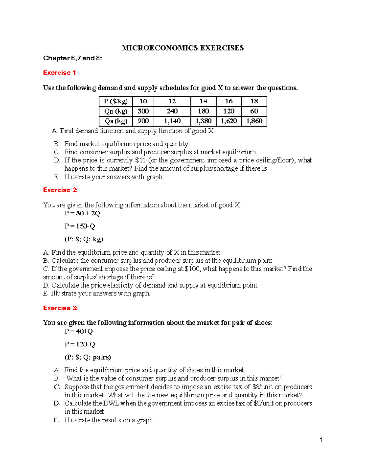 Microeconomics Exercises K15: Demand & Supply Analysis for Goods X and ...