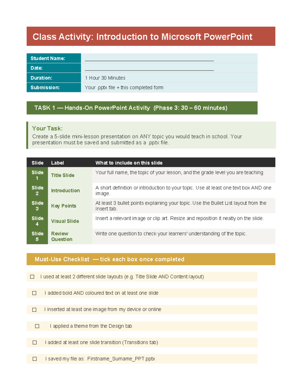 PowerPoint Activity Task Sheet: Creating Engaging Presentations - Studocu