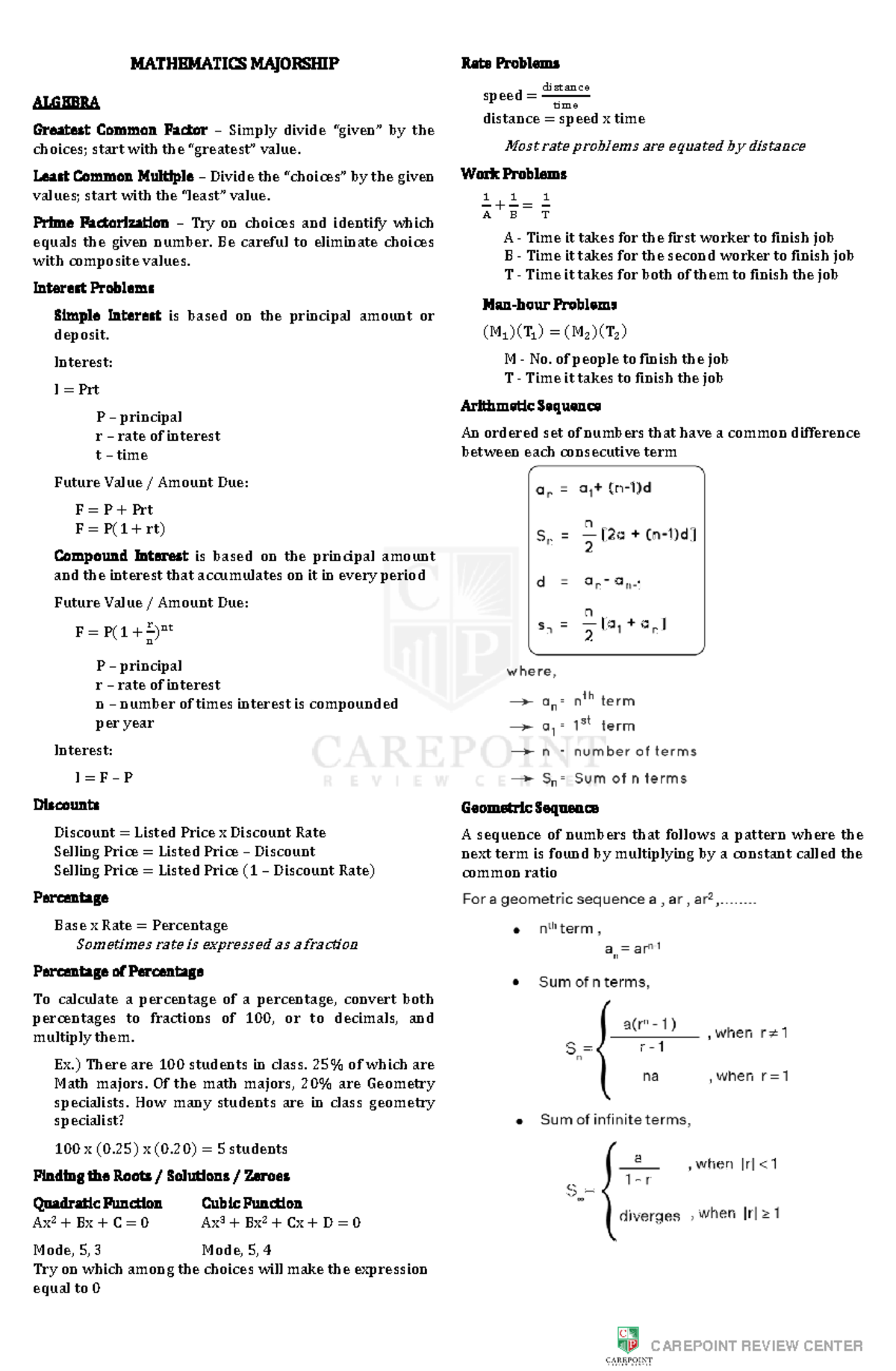 Mathematics Majorship - Comprehensive Study Guide for Board Exam - Studocu