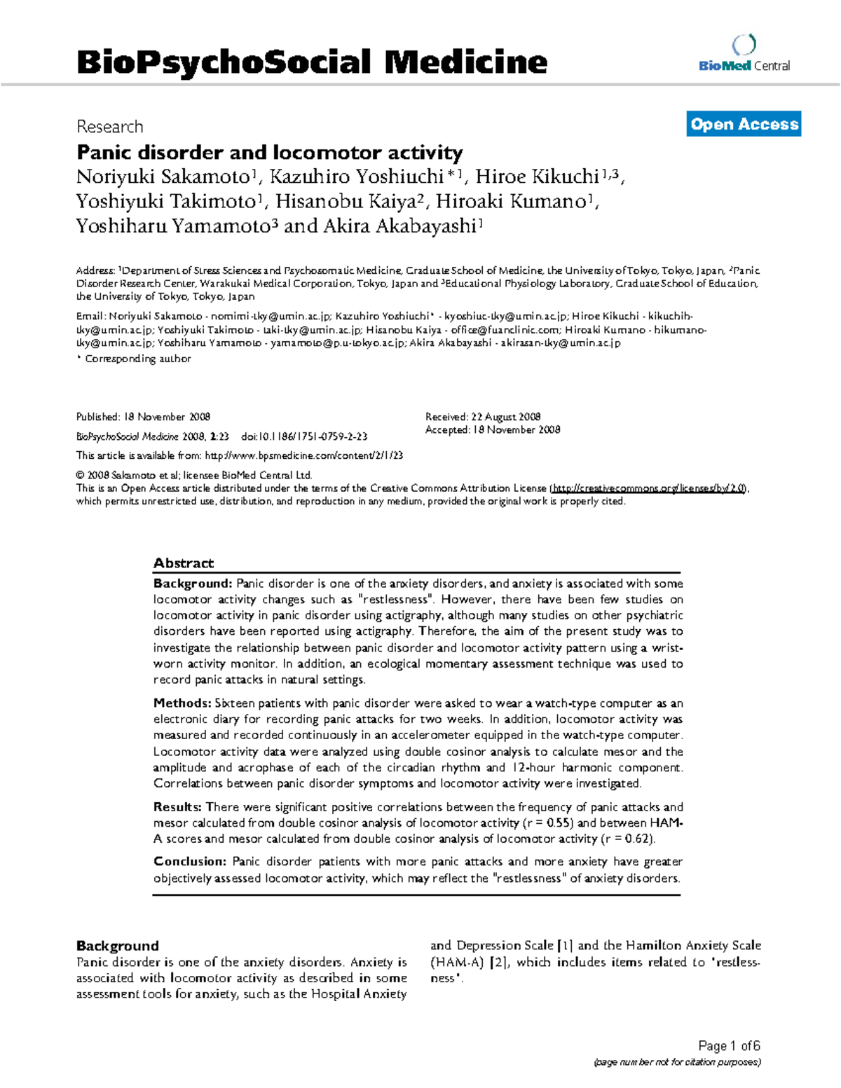 Panic Disorder and Locomotor Activity: A Study on Anxiety Correlations ...