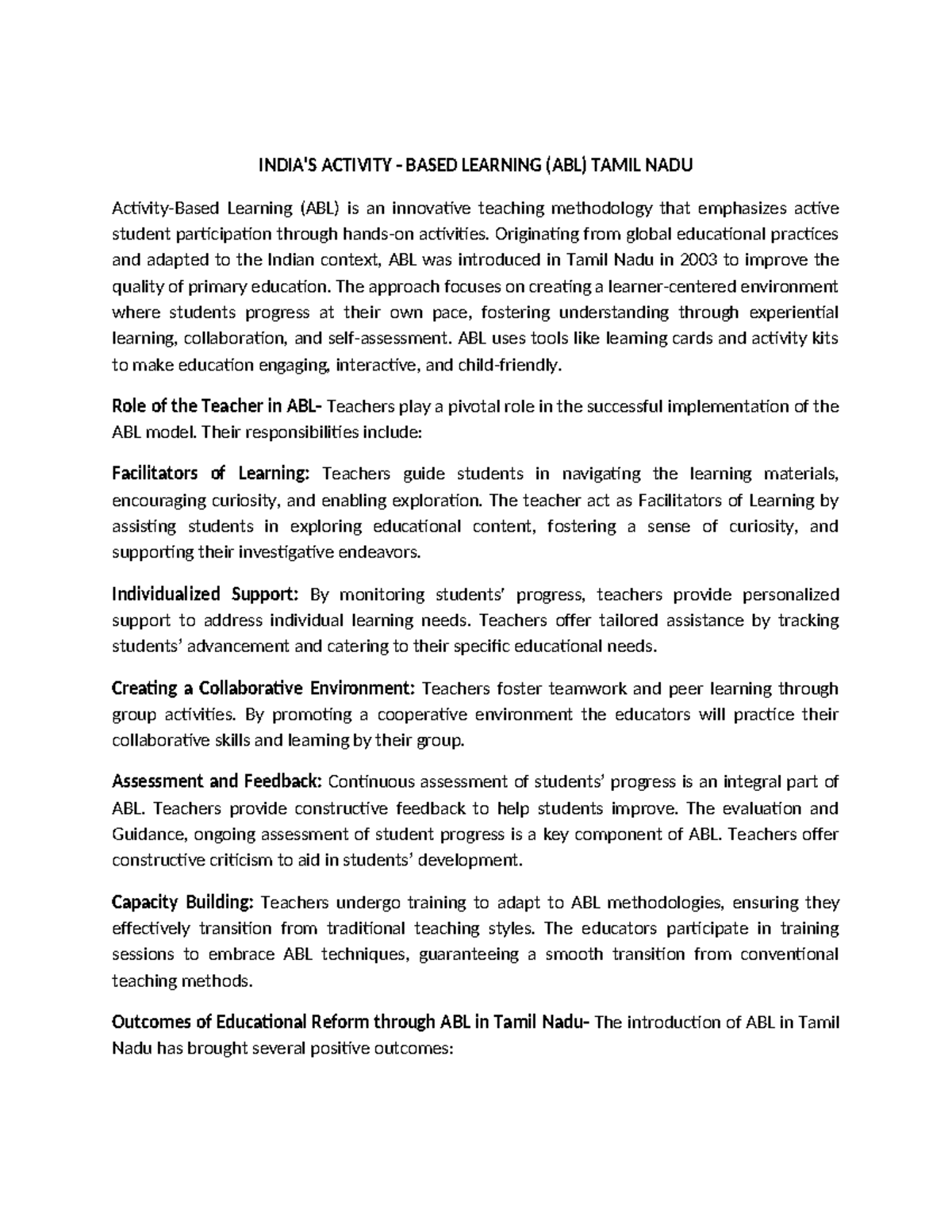 ACTIVITY BASED LEARNING (ABL) IN TAMIL NADU: A Comprehensive Overview ...