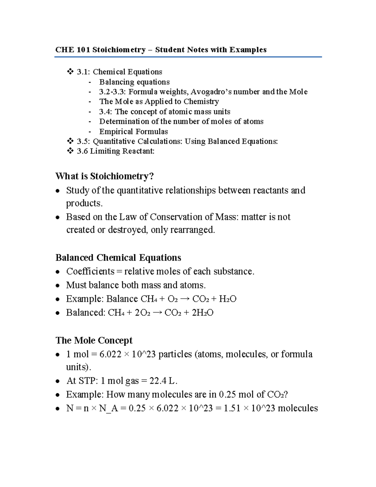 CHE 101 Final Exam Notes: Stoichiometry & Chemical Equations - Studocu