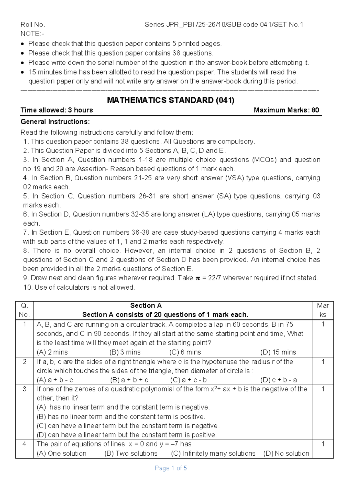 MATHEMATICS STANDARD (041) Question Paper - Roll No. Series JPR_PBI ...