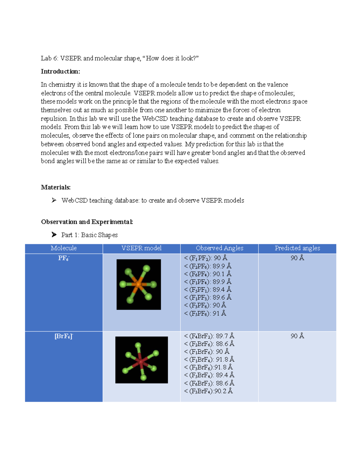Lab 6: VSEPR Theory and Molecular Shape Analysis - Studocu