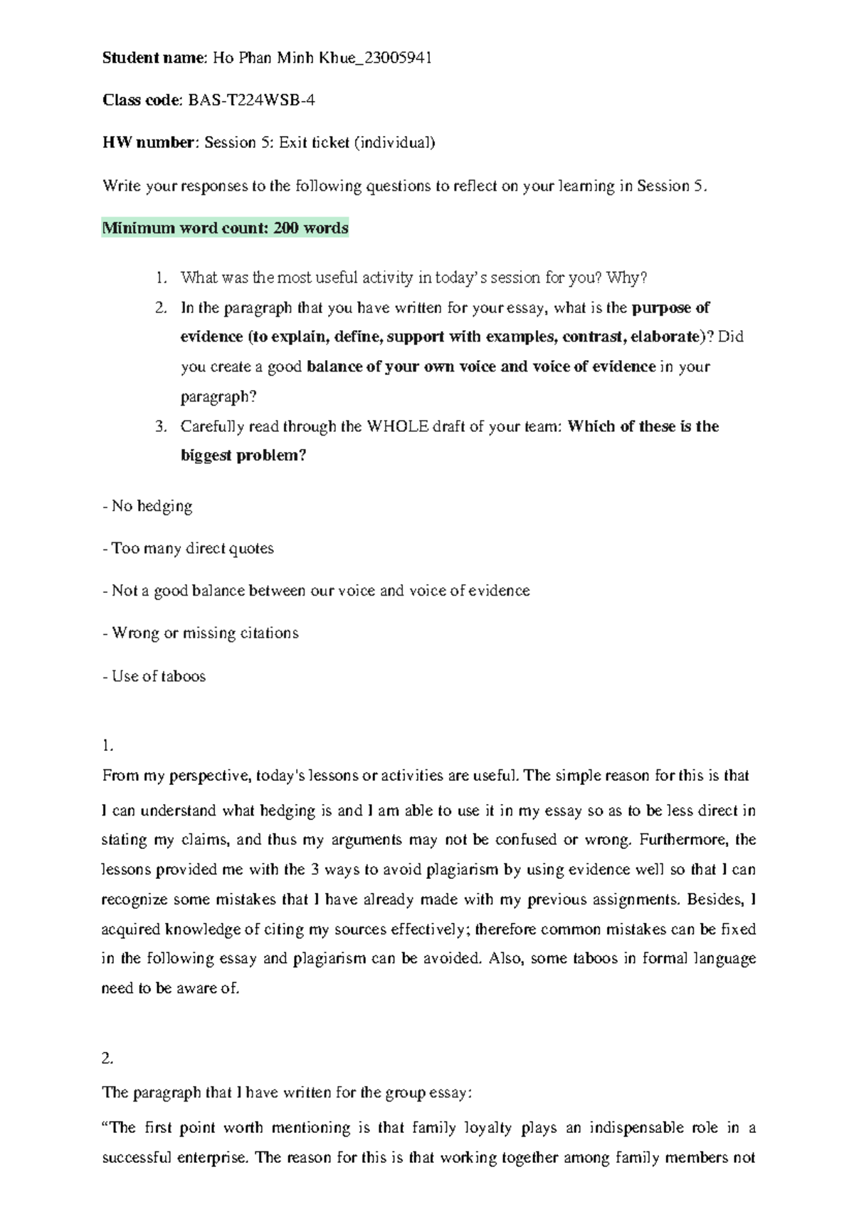 Session 5 Exit Ticket Reflection - BAS-T224WSB-4 - Studocu