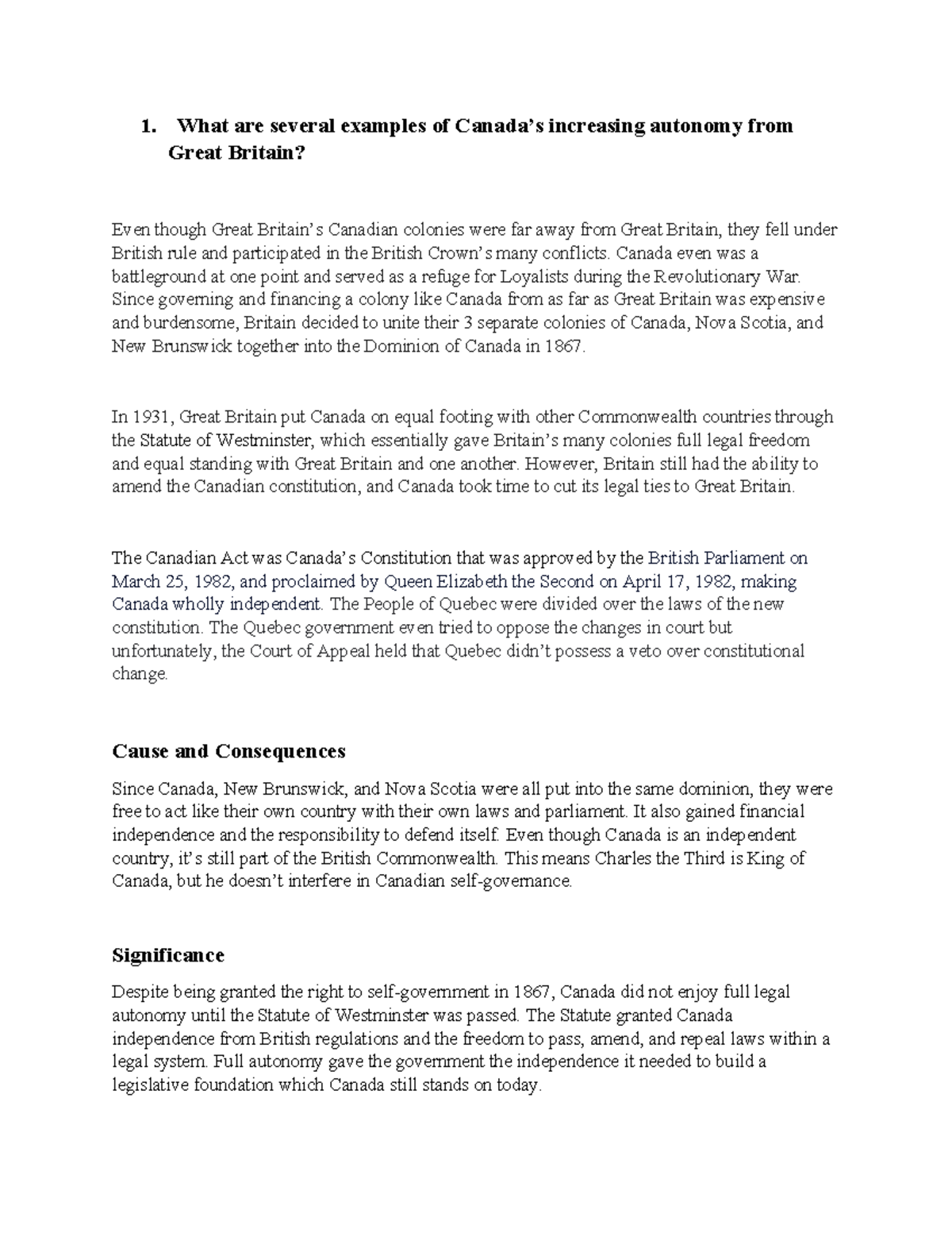 Document 21 - Canada's Journey to Autonomy from Great Britain: Key ...