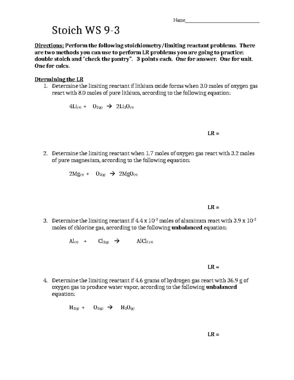 Chem - Unit 9 Stoichiometry WS 3 - Limiting Reactant Problems - Studocu
