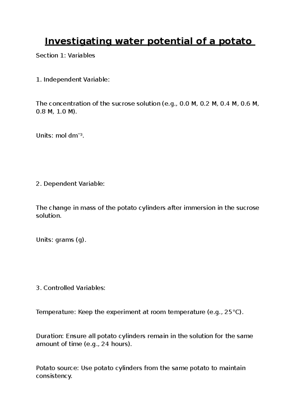Investigating Water Potential of Potato - Lab Report (BIO 101) - Studocu