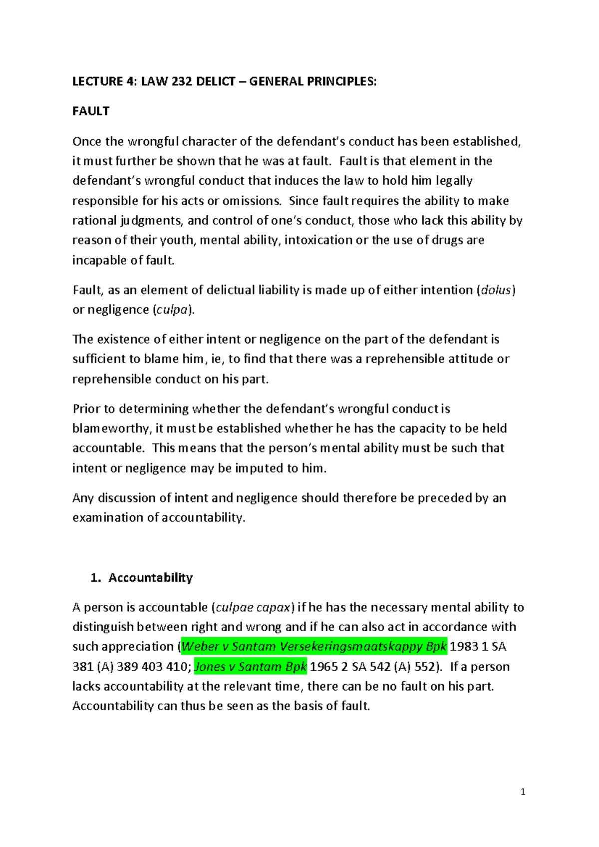 Law 232 Delict: Understanding Fault and Accountability in Delict Law ...