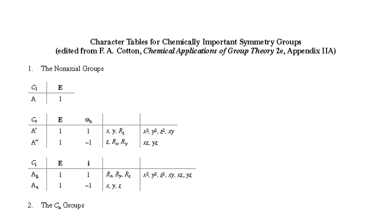 CHEM4142 Character Tables for Important Symmetry Groups - Studocu