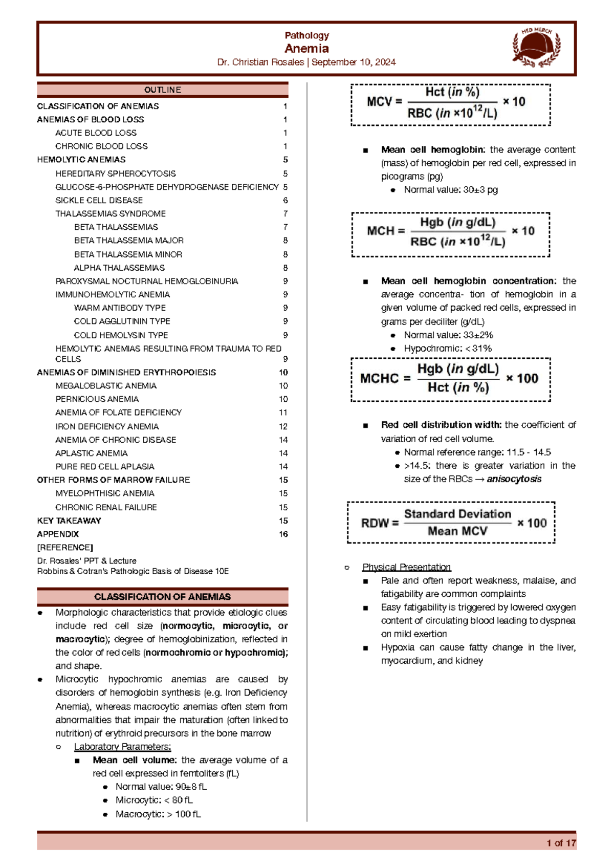 Pathology 8: Classification of Anemias - Dr. Christian Rosales Lecture ...
