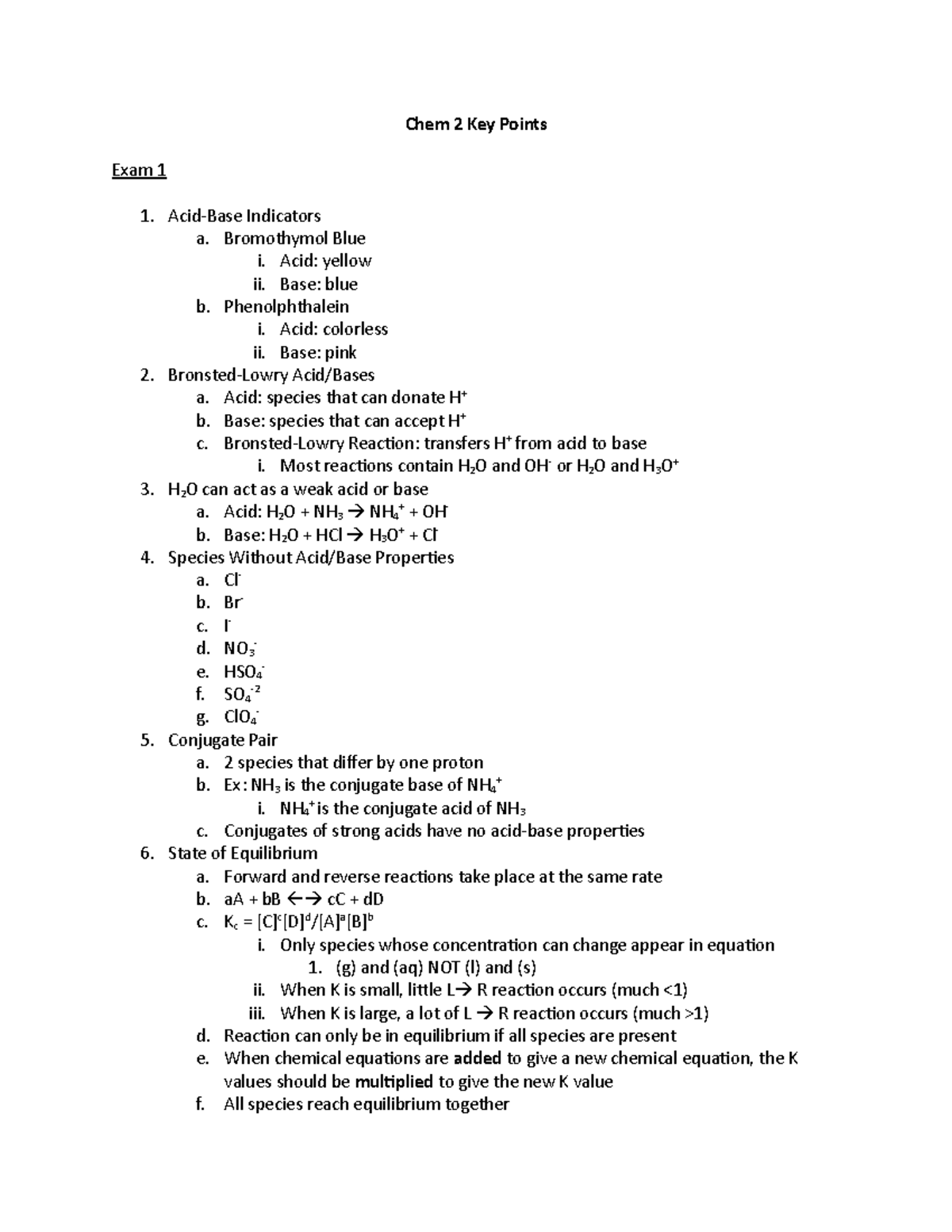 Chem 2 Exam 1 Key Points Study Guide: Acid-Base and Reactions - Studocu
