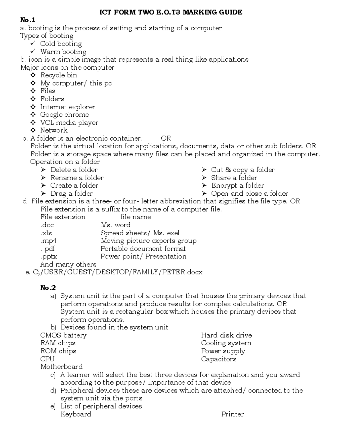 ICT FORM TWO E.O.T3 MARKING GUIDE: Computer Basics and Operations - Studocu