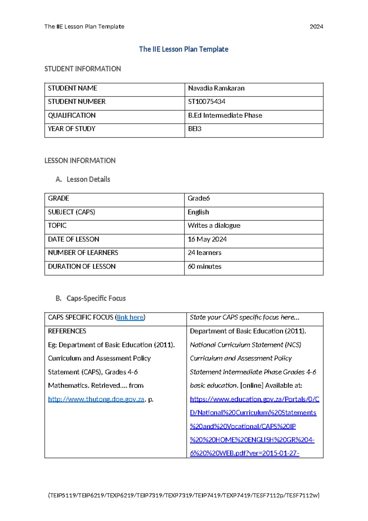 English Lesson Plan: Dialogue Writing for Grade B Intermediate Phase ...