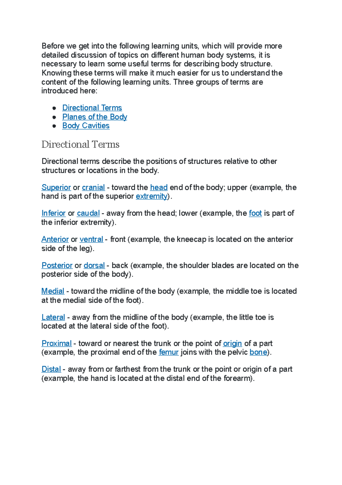 Anatomical Terminology: Directional Terms, Planes & Body Cavities - Studocu