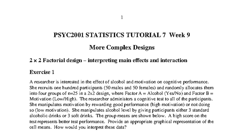 PSYC2001 Statistics Tutorial 7: Complex Designs & Factorial Analysis ...
