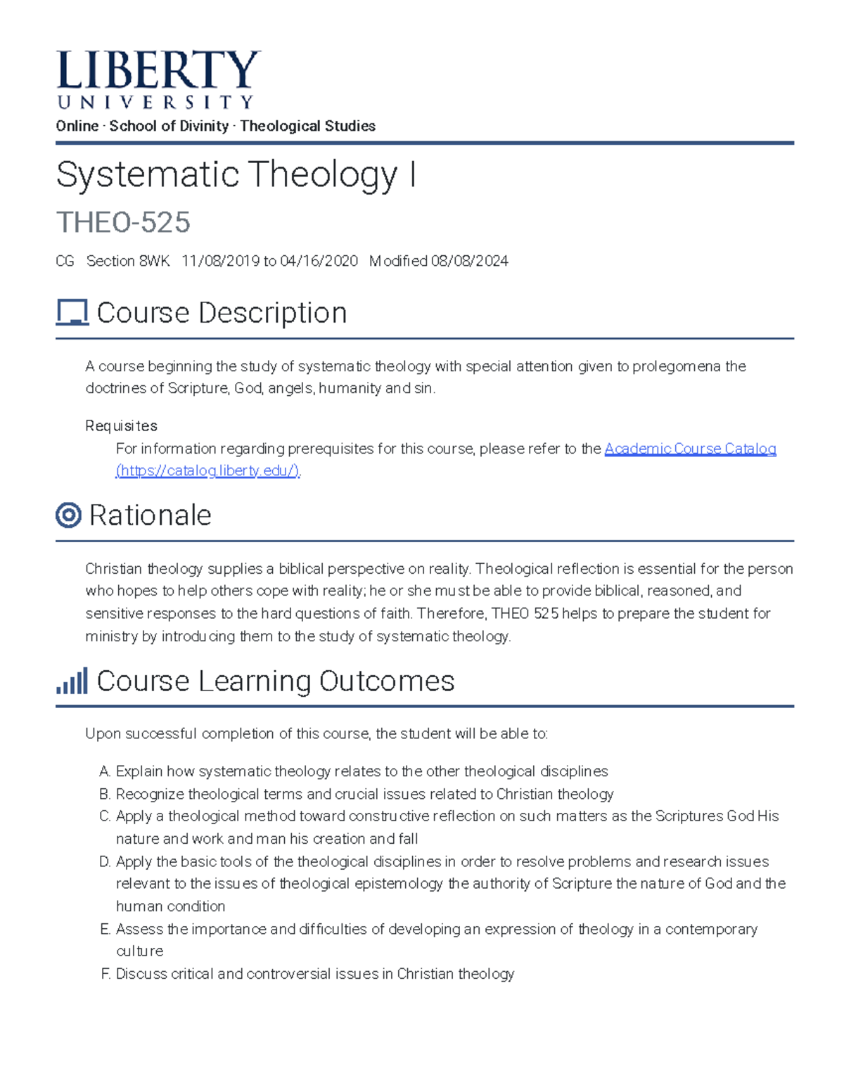 Systematic Theology I - Course Overview and Key Learning Outcomes (THEO ...