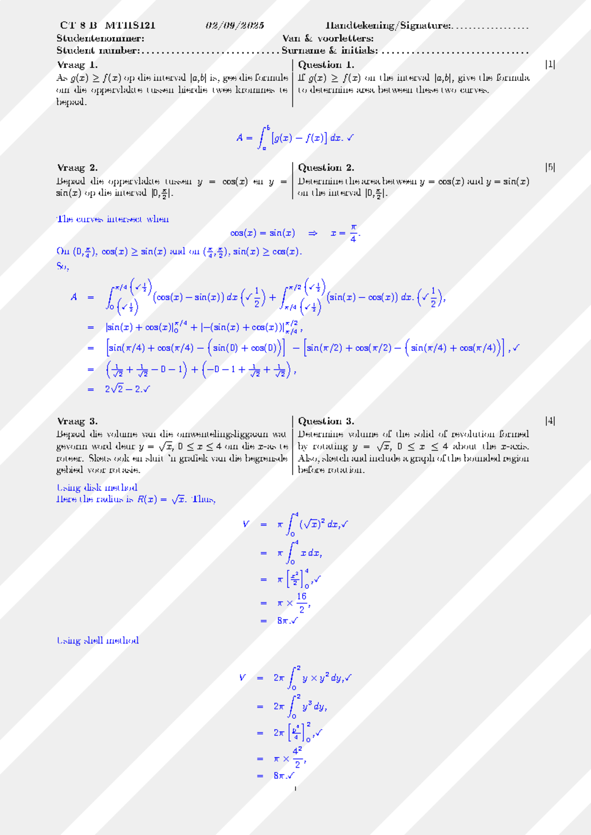 MTHS121 Test 8B 2025 Memo: Area & Volume Calculations - Studocu
